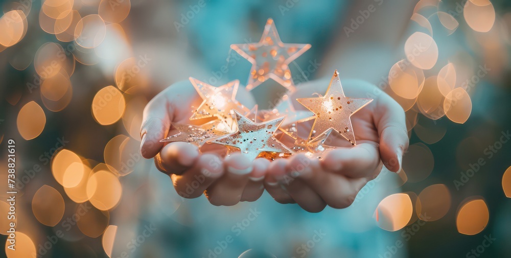 businessperson is holding a hand full of stars and five stars shaped ...