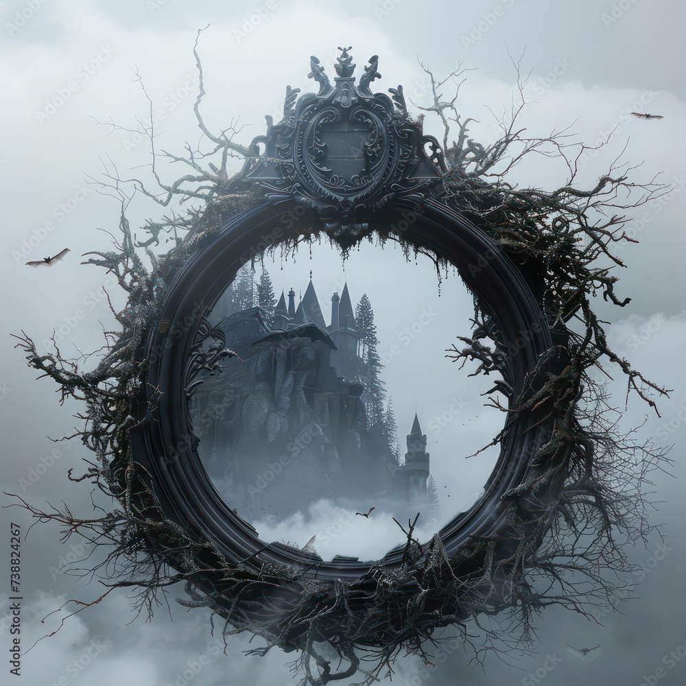 oggy frame is surrounded by a black forest and a castle, in the style ...