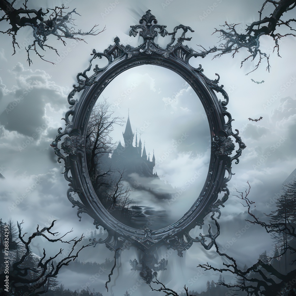 oggy frame is surrounded by a black forest and a castle, in the style ...