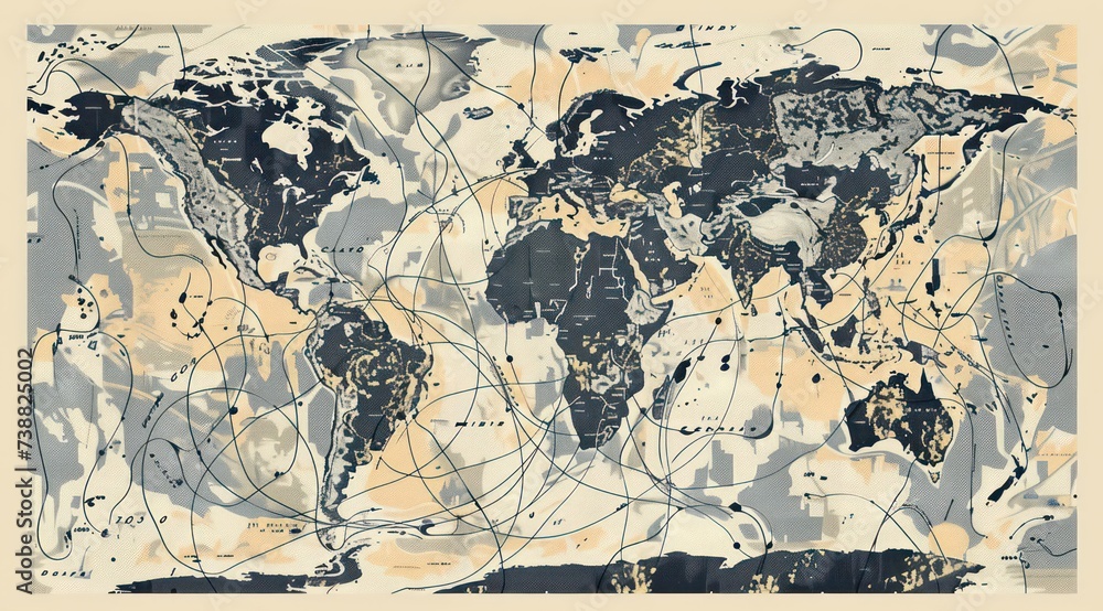 vintage map of the world, in the style of surreal cyberpunk iconography ...