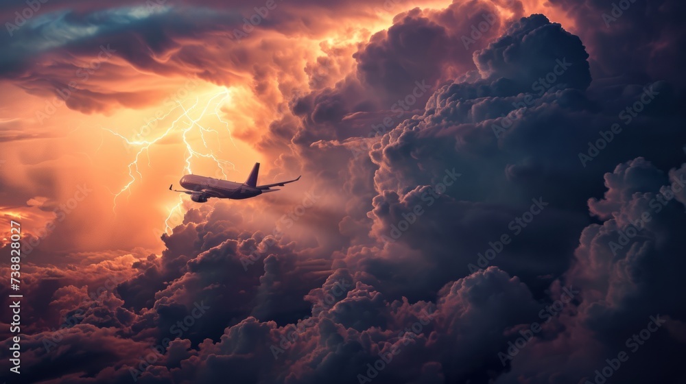 Airplane in flight in thunder storm cloud with lightning bolt. Stock ...