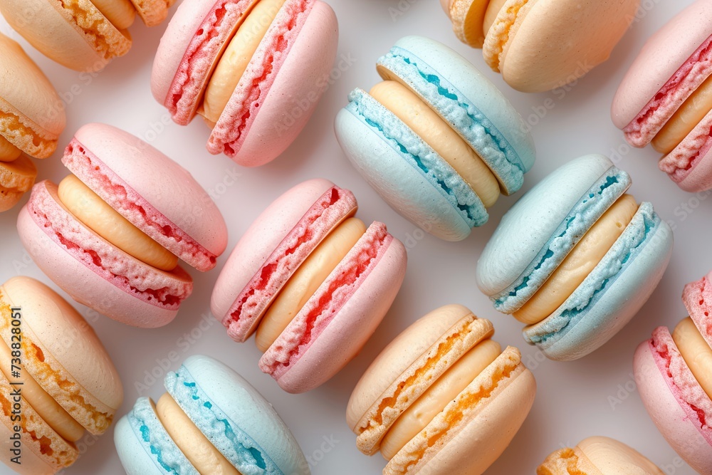 Colorful macarons lay out on a white background, in the style of light ...