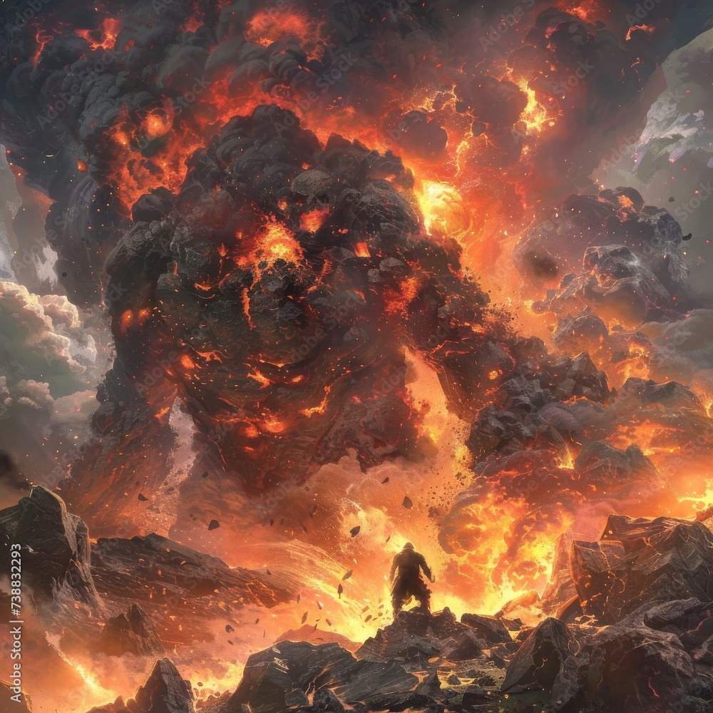 Illustrate the fierce confrontation between an ancient lava elemental ...