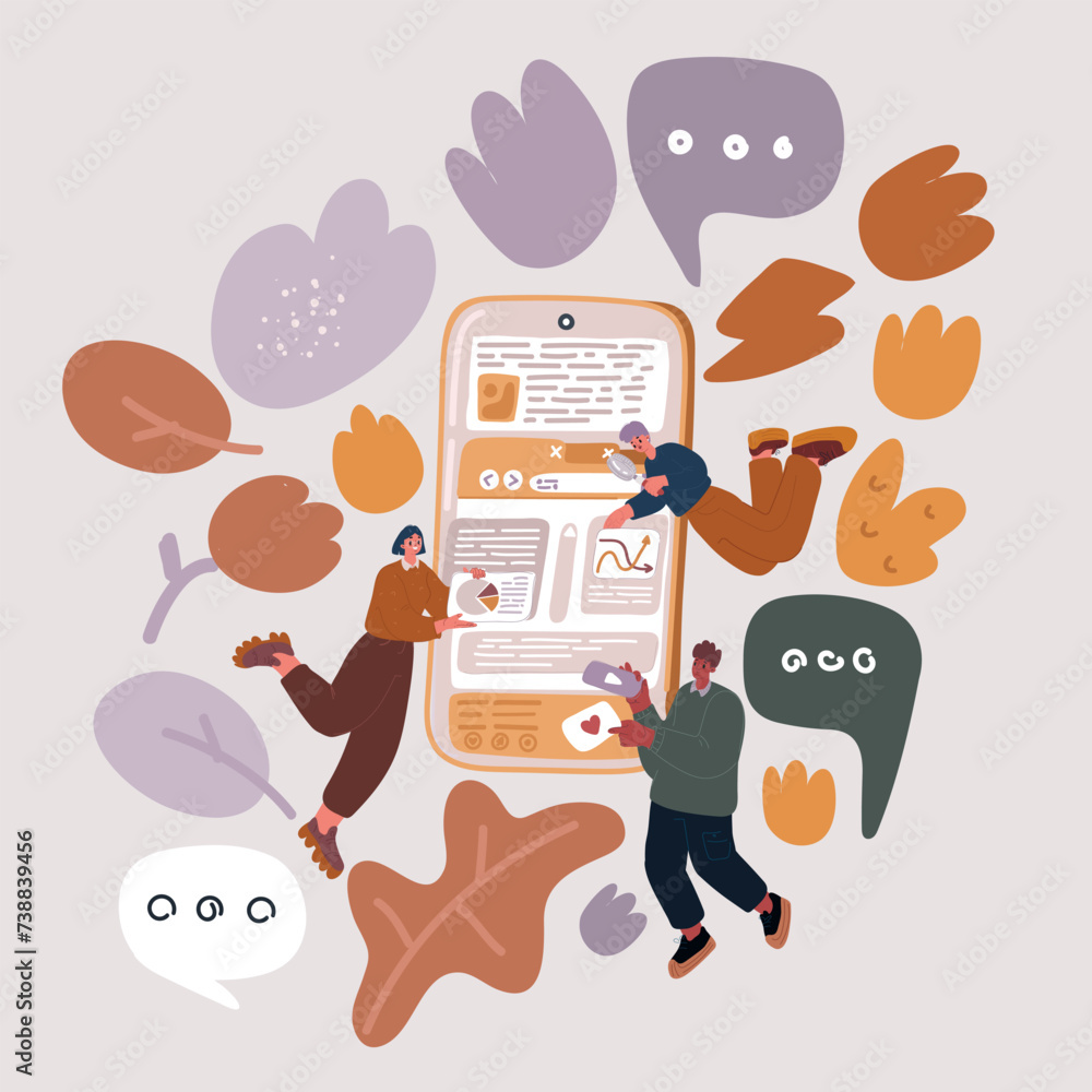 Vector illustration of working on website or application, ui ux design and programming. Team of ...