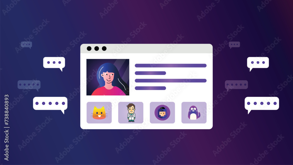 Profile dashboard with chat icons concept vector illustration Stock ...