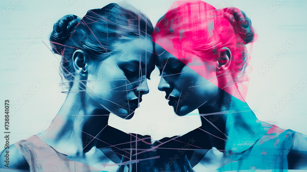 Portrait de deux femmes de profil front contre front Stock Illustration ...
