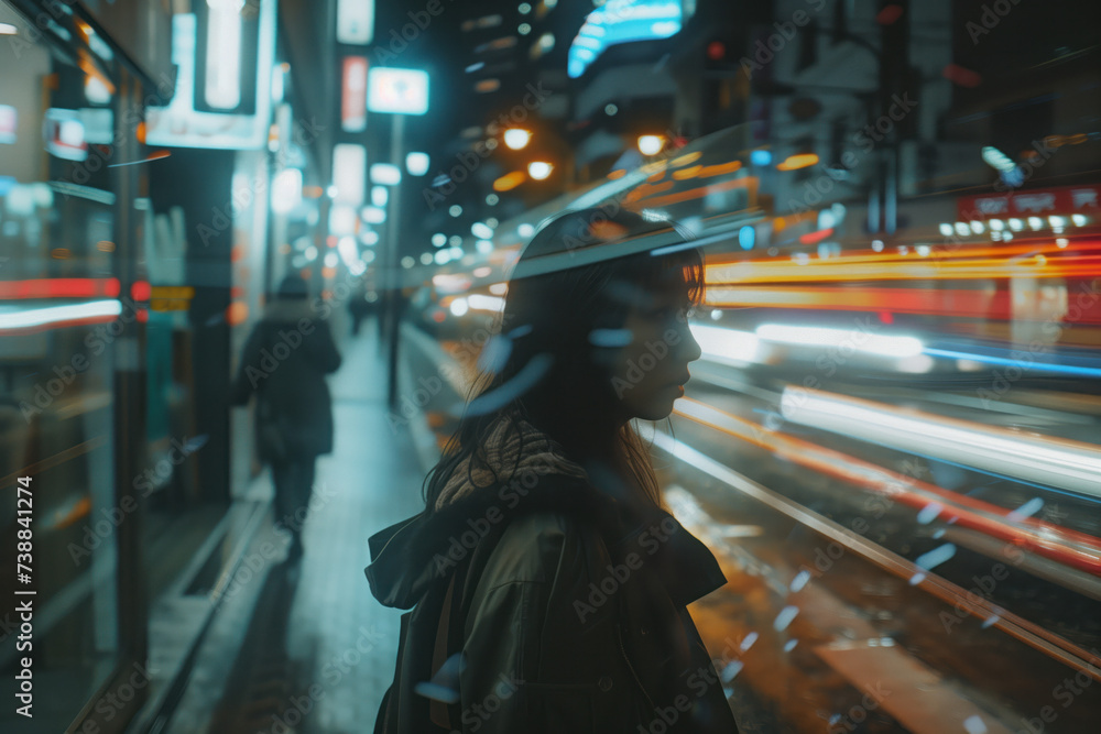 Young Japanese woman overwhelmed with modern life. Colorful light ...