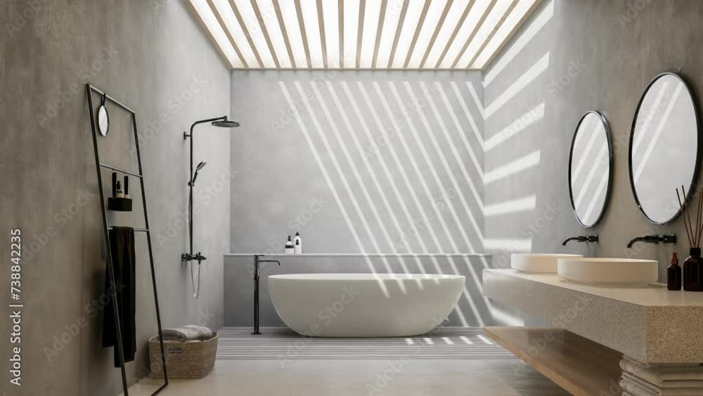 Animation of minimal style loft bathroom with natural light from a ...