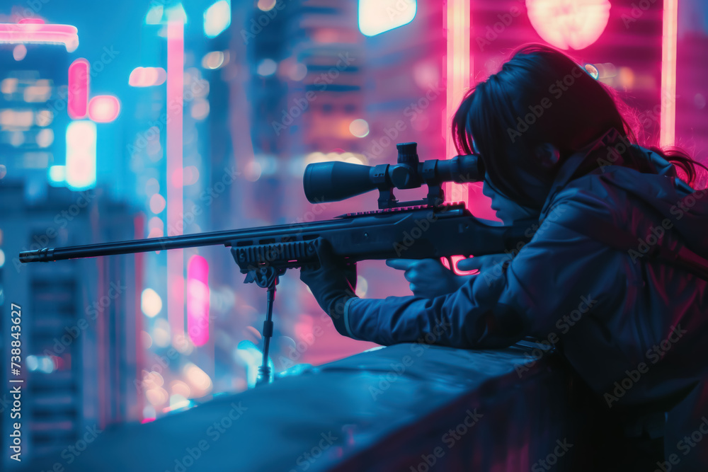 Lone Assassin with Sniper Rifle on Skyscraper, futuristic scene ...