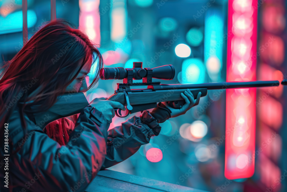 Lone Assassin with Sniper Rifle on Skyscraper, futuristic scene ...