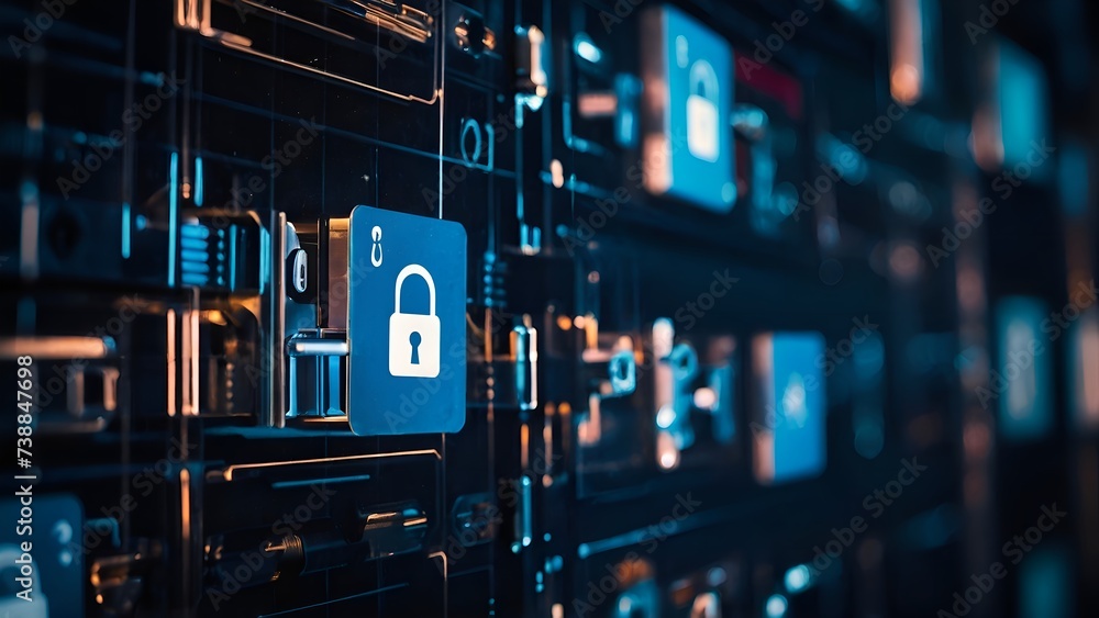 digital lock symbol, Locked Data Files, screen displaying a series of file icons lock symbol ...