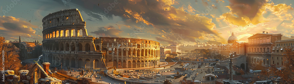 A soft twilight world where the ancient Colosseum is repurposed with ...