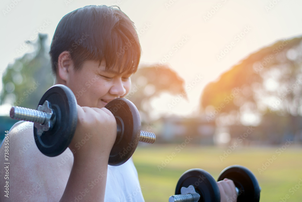 Young asian plump boy doing exercise with lifting heavy dumbbells in ...