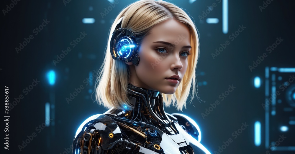 Abstract Cyborg girl on the blurred sci-fi background. Girl robot ...