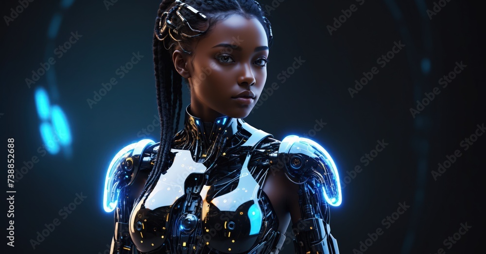 Abstract Cyborg girl on the blurred sci-fi background. Girl robot ...