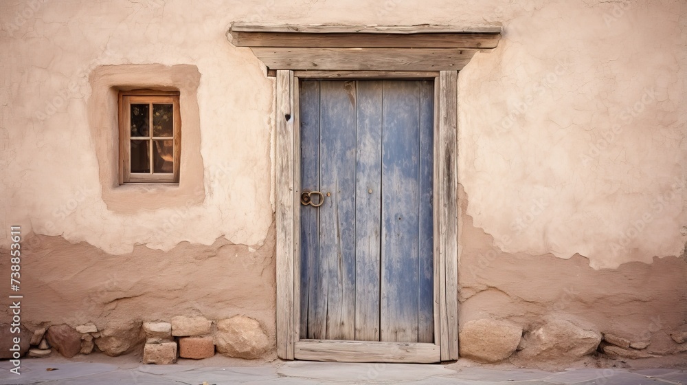 Half-destroyed building wall with wooden door and window. The facade of ...