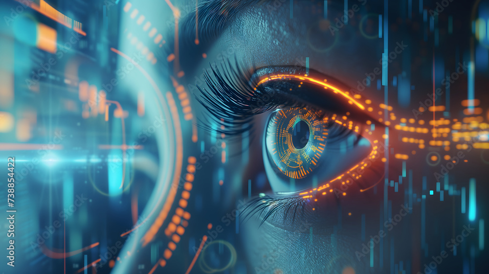 Close-up of a woman's face with holographic patterns overlaid on her ...