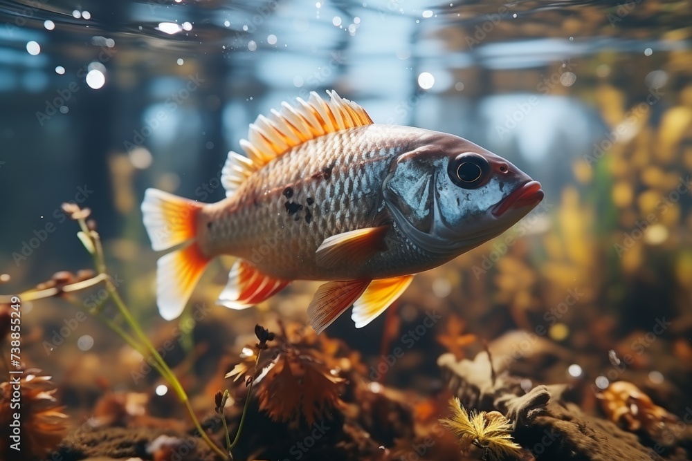 Beautiful silver golden river wild fish swim in the lake. Algae and ...