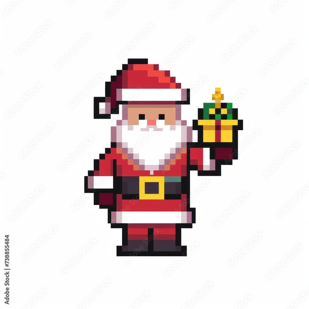Simple 8 bit monochrome icon of a Santa holding a present in a plain ...