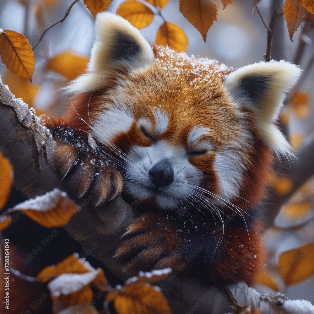 A charming image of a red panda curled up in a tree, showcasing the ...