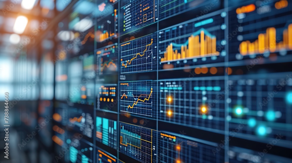 Multiple screens displaying dynamic financial charts and data analysis in a high-tech monitoring ...