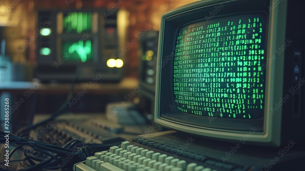 A vintage computing environment showcasing a CRT monitor with green ...