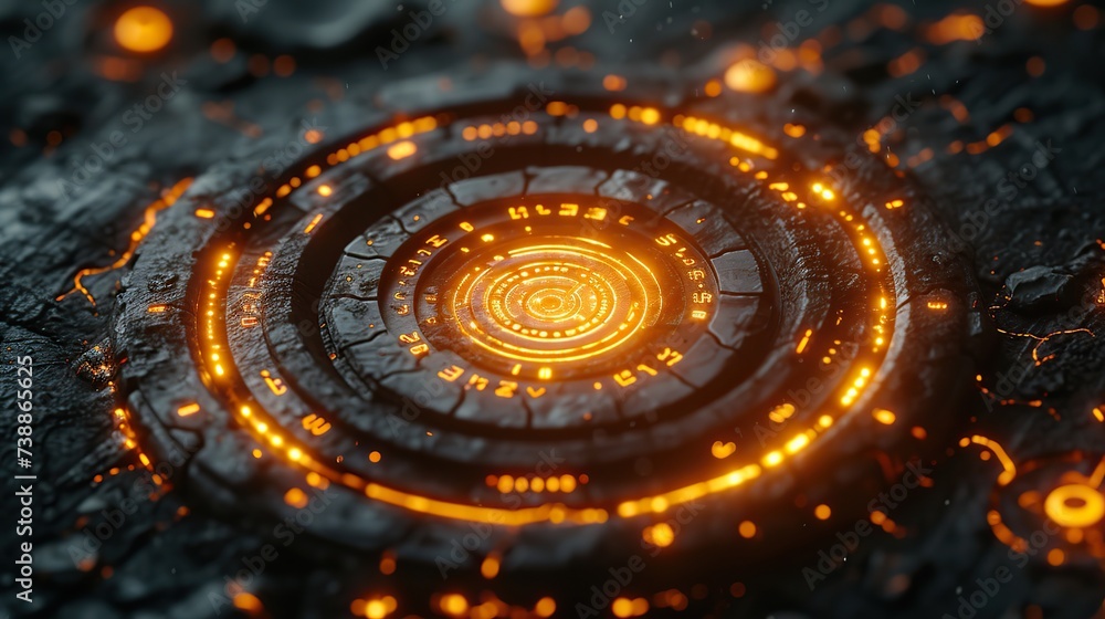 Artistic depiction of an ancient, rune-engraved artifact emitting a ...