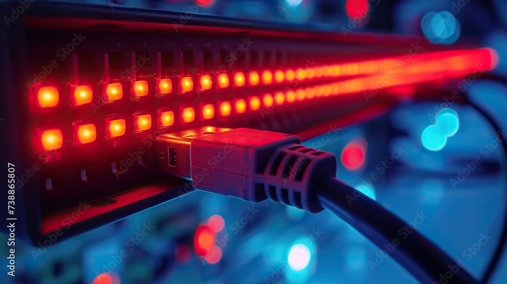 Close-up image of an Ethernet cable plugged into a network switch with ...