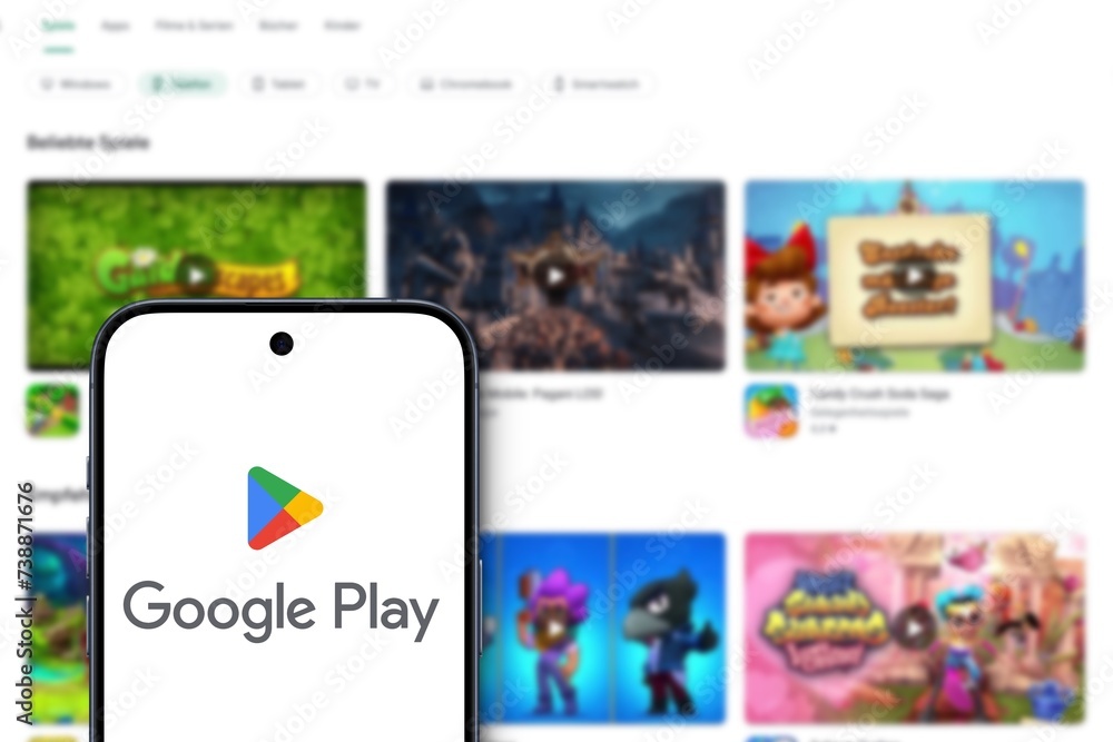 Google Play Logo is displayed on modern smartphone, websit of the ...