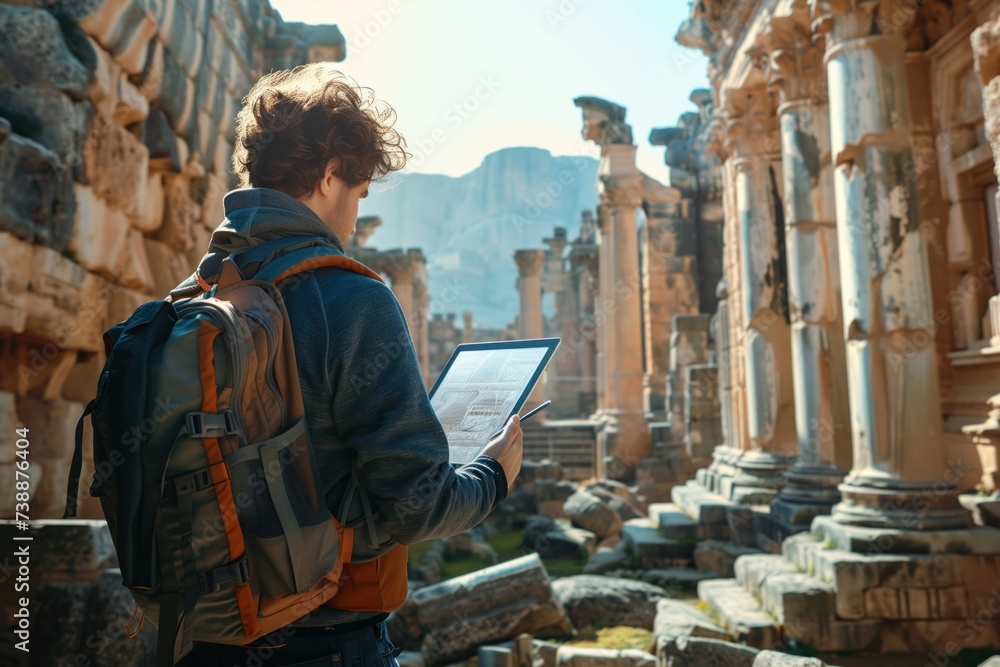 A modern-day explorer with a backpack stands immersed in reading a ...