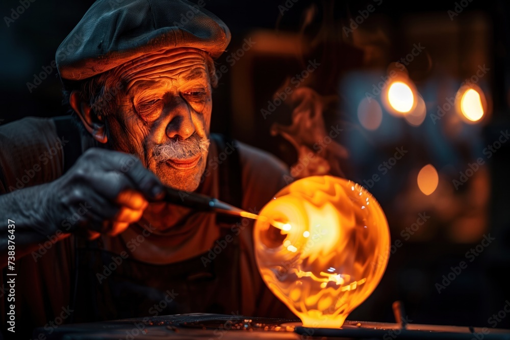 An elderly glassblower, engrossed in his craft, shapes a glowing orb of ...