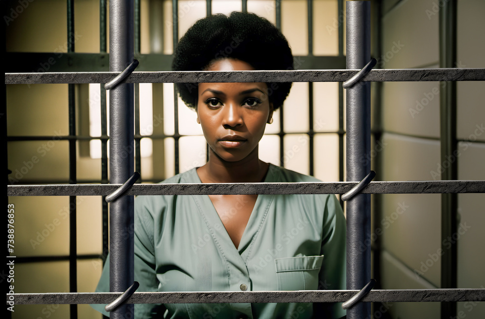 Black woman behind iron bars in a prison jail. Stock Photo | Adobe Stock