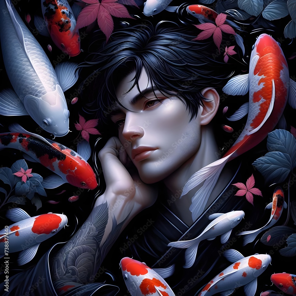 a Korean-style young man's face takes center stage, surrounded by a ...