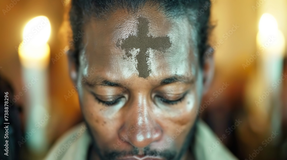 Humble woman with an ashen cross on her forehead. Ash wednesday Stock ...