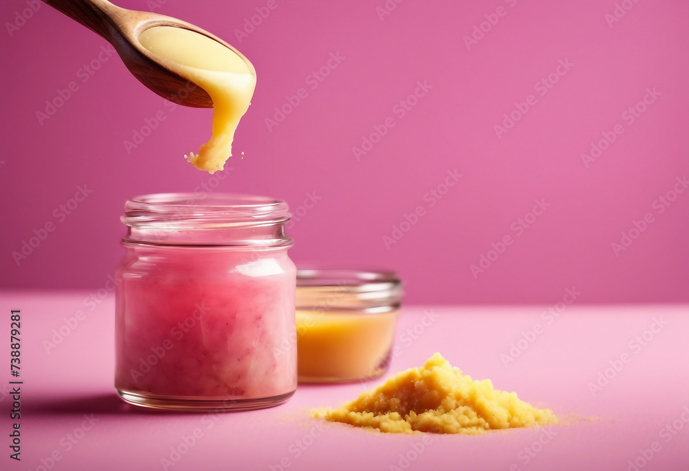 Ghee butter in a glass jar pink salt and spices on pink background Pure ...