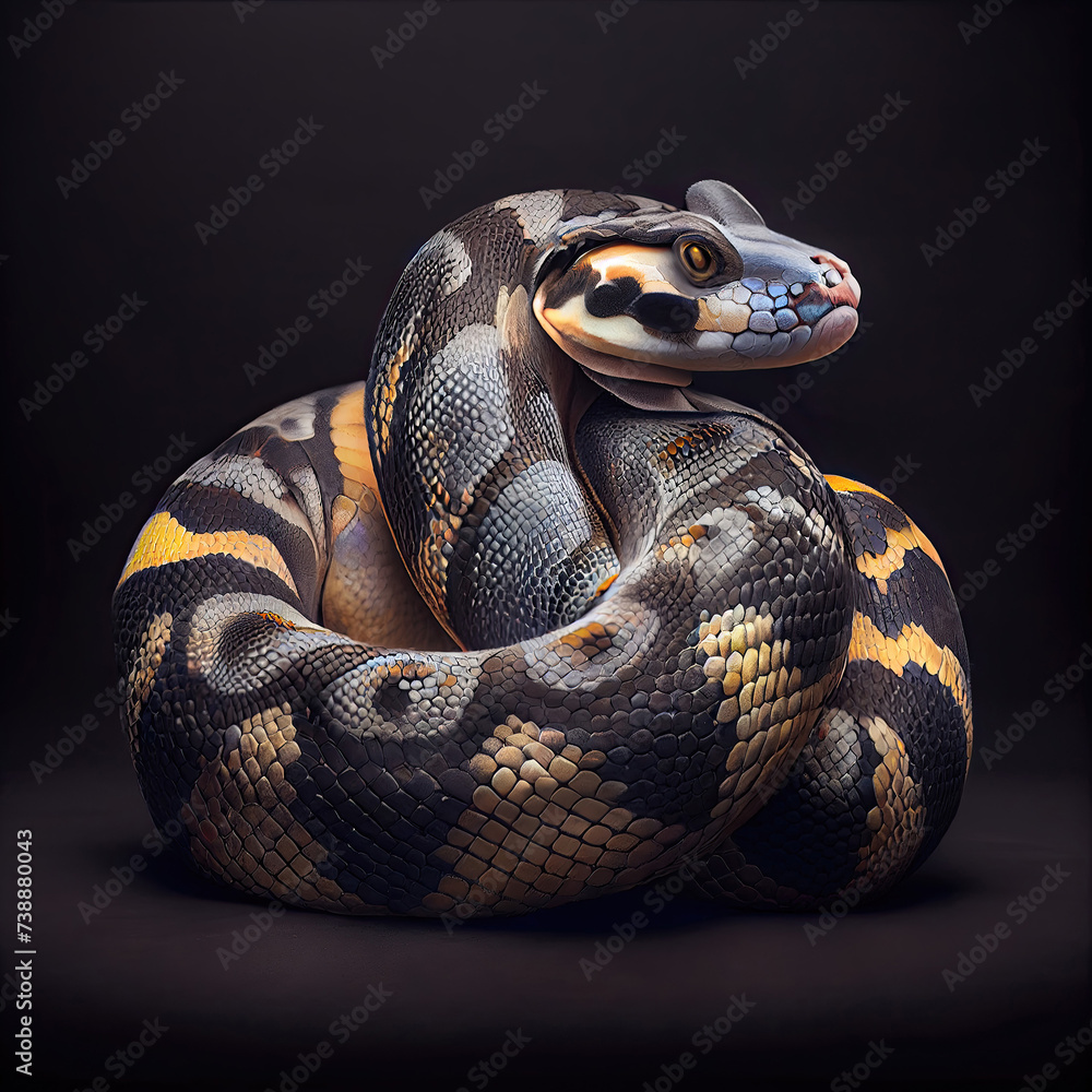 Artistic Black Pastel Ball Python Portrait with Vivid Colors in Studio ...