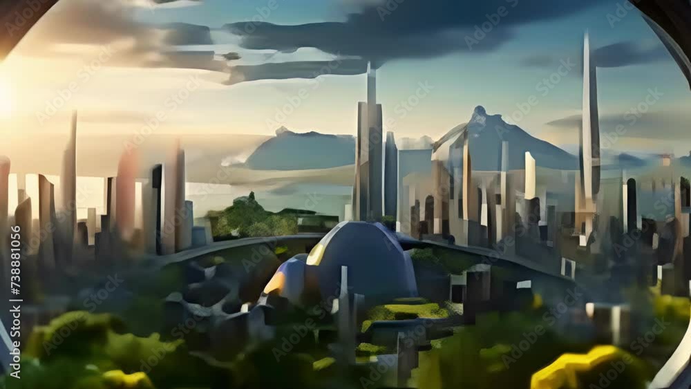 Futuristic city of the future. Settlement under a dome, skyscrapers and ...