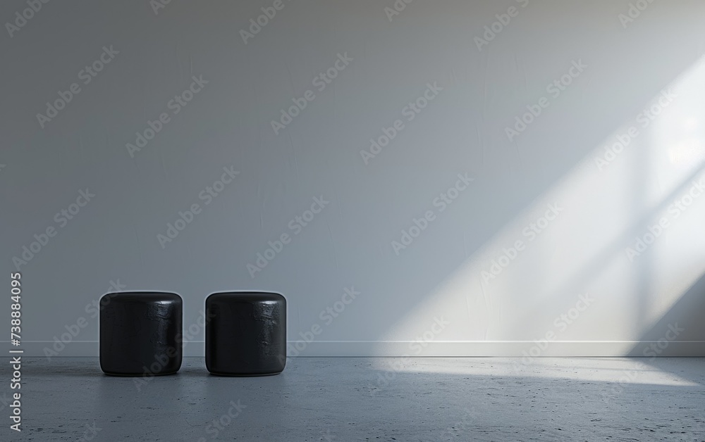 This photo features two black stools placed in front of a plain white ...