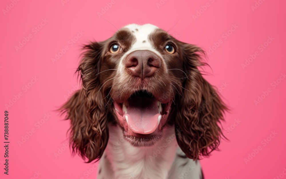 This close-up photograph captures a dog in the frame, mouth wide open ...