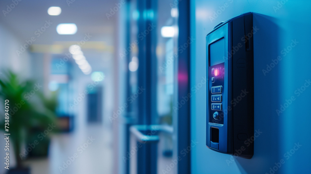 Finger print scan access control system machine on wall near entrance ...