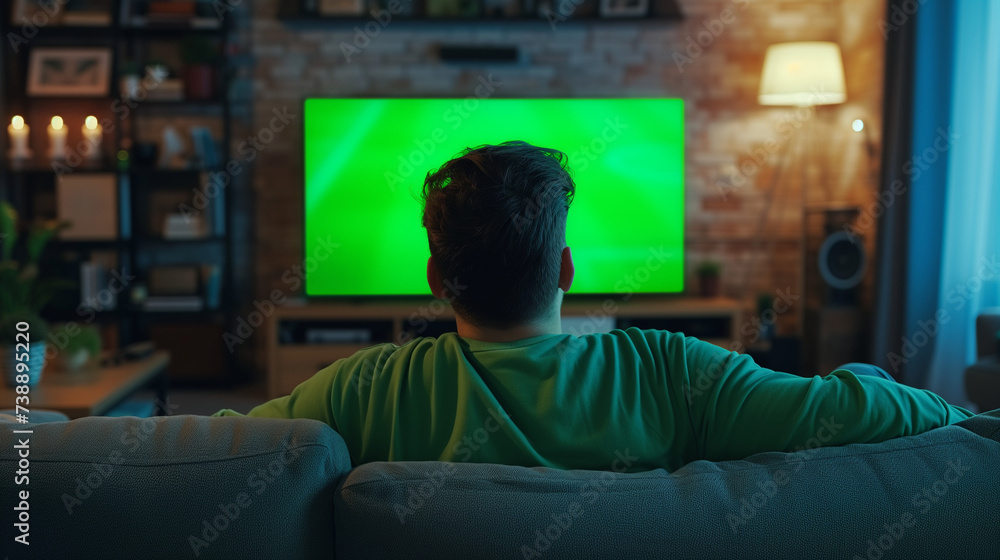 Sports fan watching game on green screen tv mockup encouraging ...