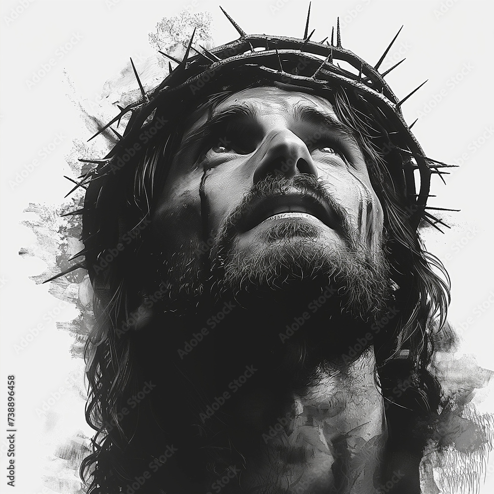 illustration of Jesus Christ with crown of thorns in Black and White ...