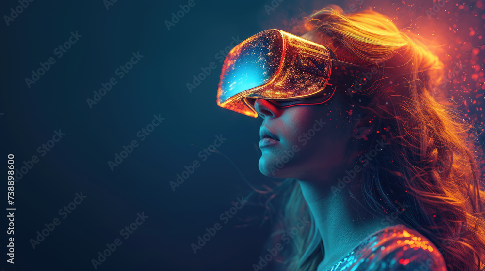 A woman is immersed in virtual reality, wearing a high tech VR headset ...