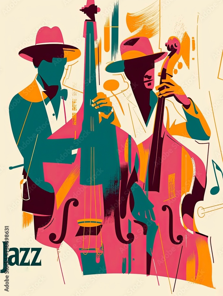 The image depicts a colorful, abstract illustration of two jazz ...