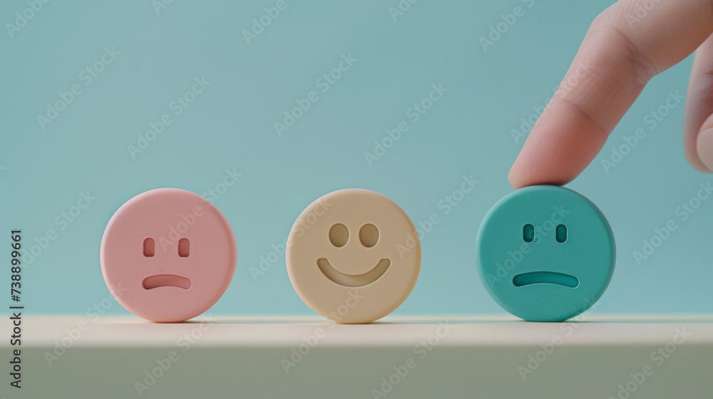 Three round emoticons with different facial expressions on a table ...