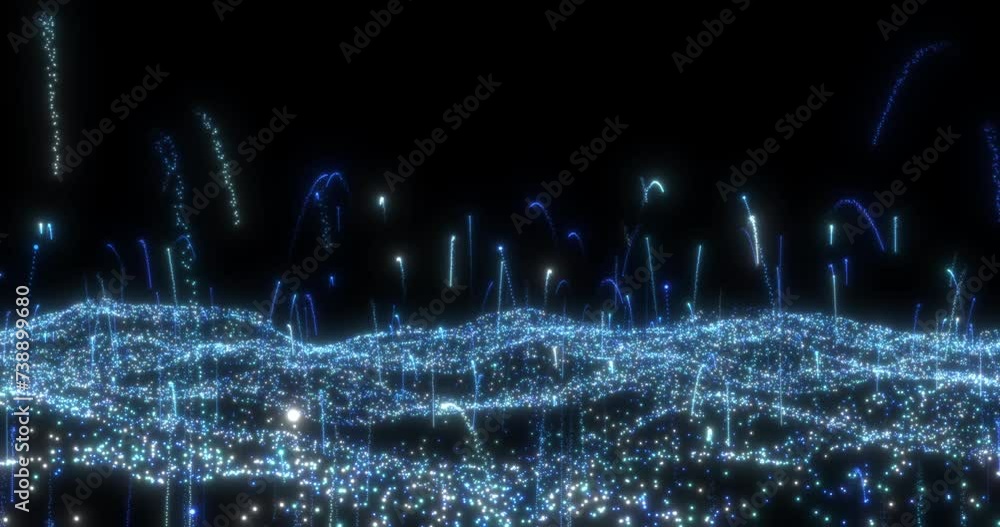 Ocean of blue and white particles on black background. Blue plumes of ...