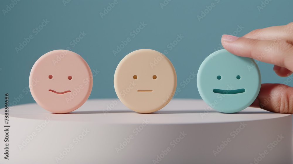 Three round emoticons with different facial expressions on a table ...
