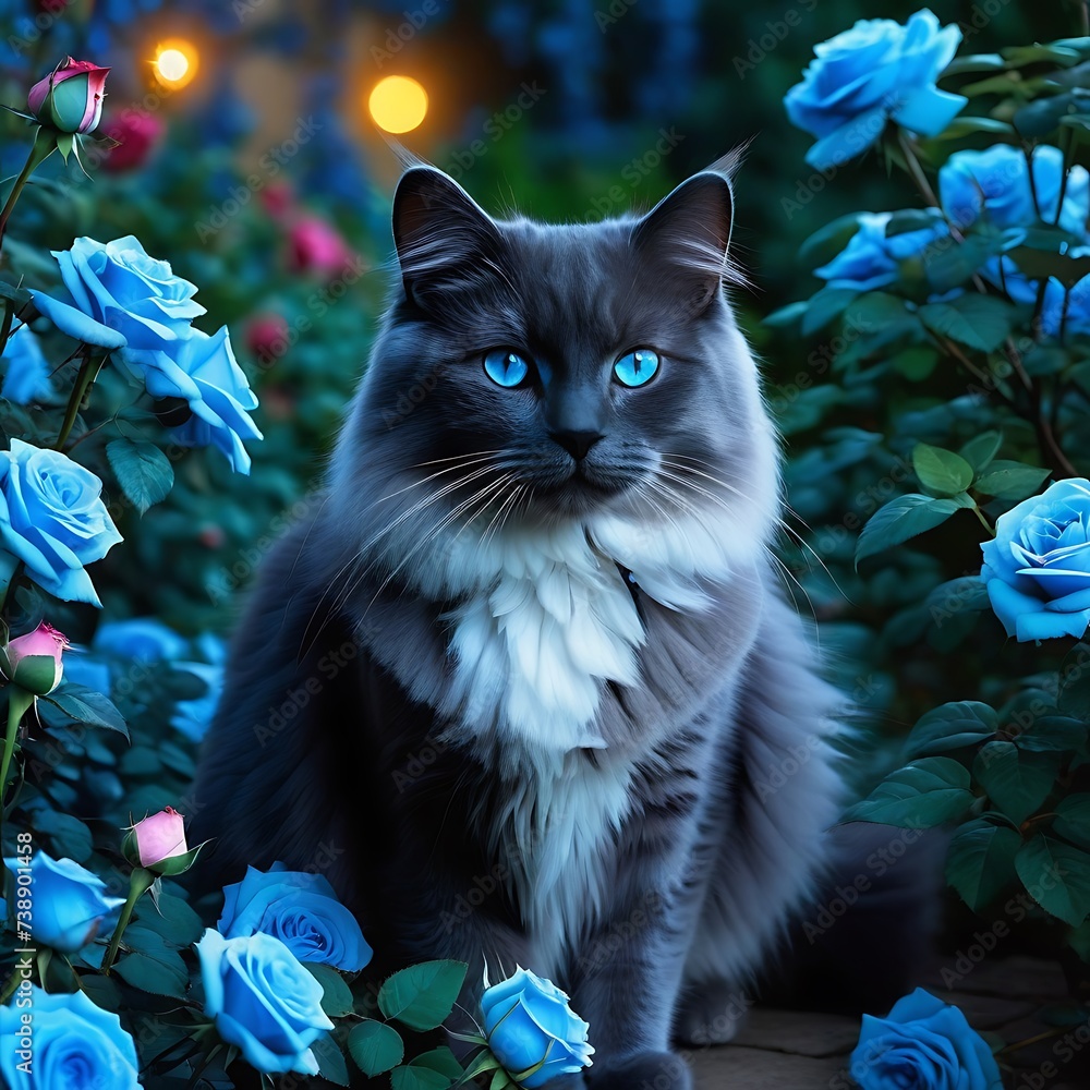 cat with flowers, cat in the garden, cat in the forest, AI image, high ...