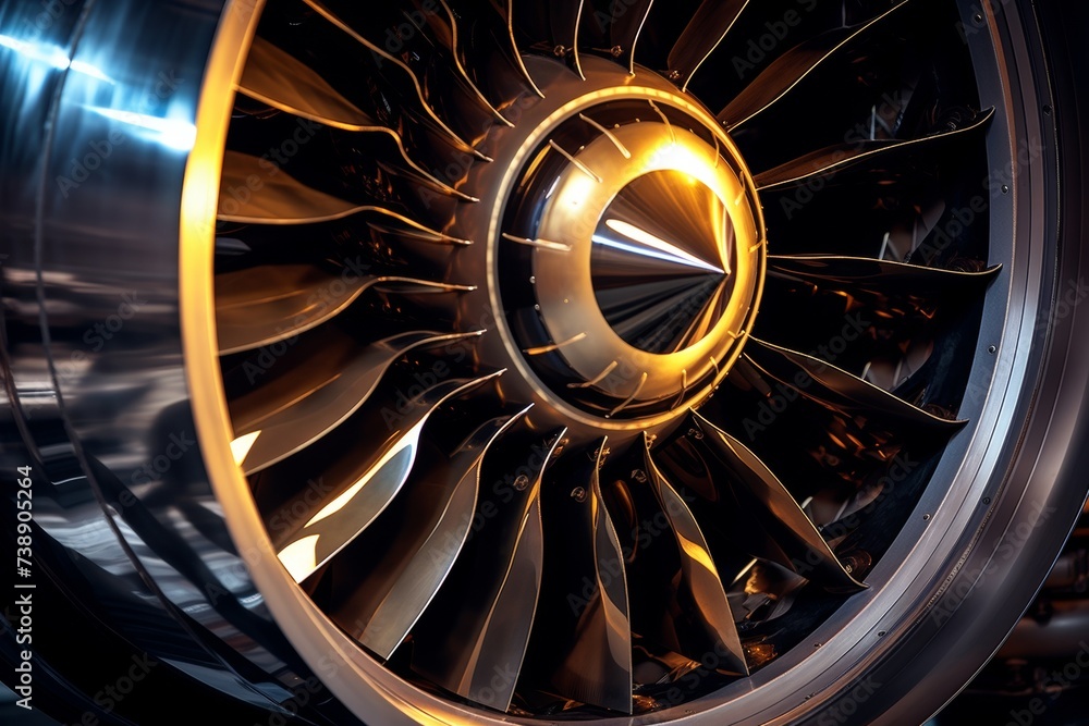 Close-up View of a Jet Engine Fan Blade, Illuminated by the Soft Glow ...