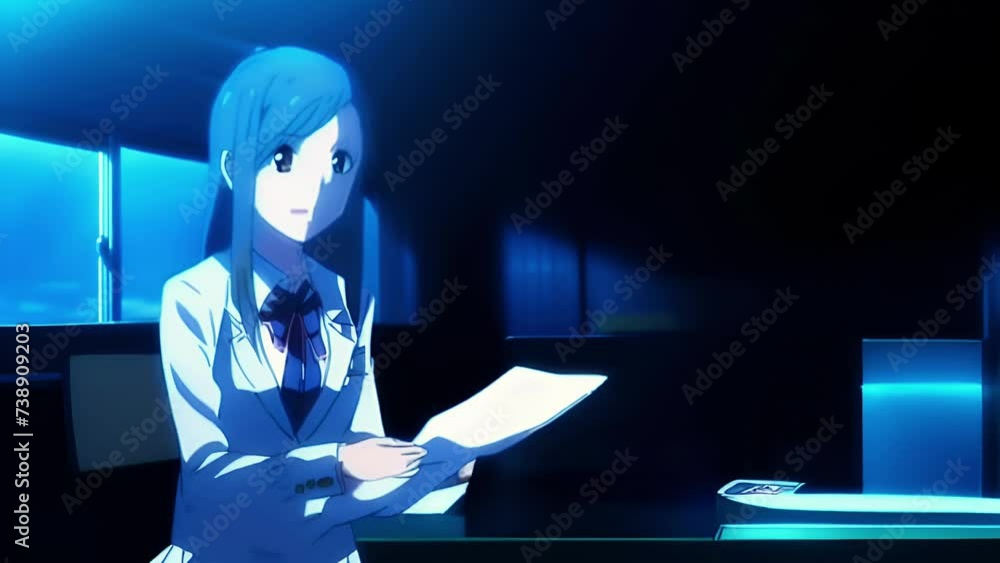 Vidéo Stock An anime secretary character with blue hair in formal wear ...